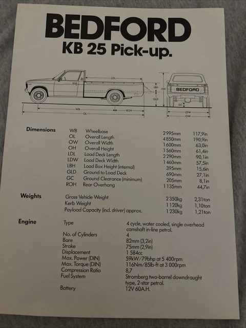 THE BEDFORD KB25 Pick Up Range Car Sales Information Brochure Frameable ...