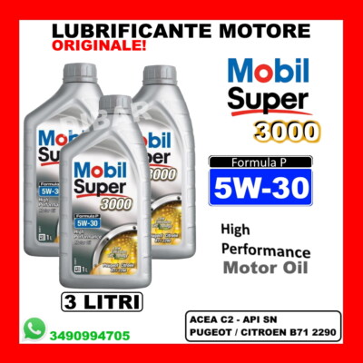 3 LITRES OF mobil super 3000 lubricant formula p 5w30 for fiat and ...