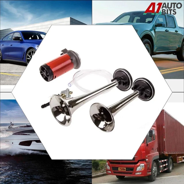 KIT CLACSON AD Aria 12V Cromate Doppio Tono Per Auto Barca Furgone ...