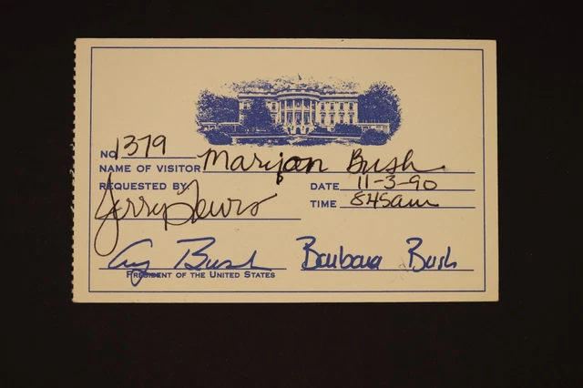 VISITIOR PASS WHITE HOUSE GEORGE AND BARBARA Family Marian BUSH 11-30 ...