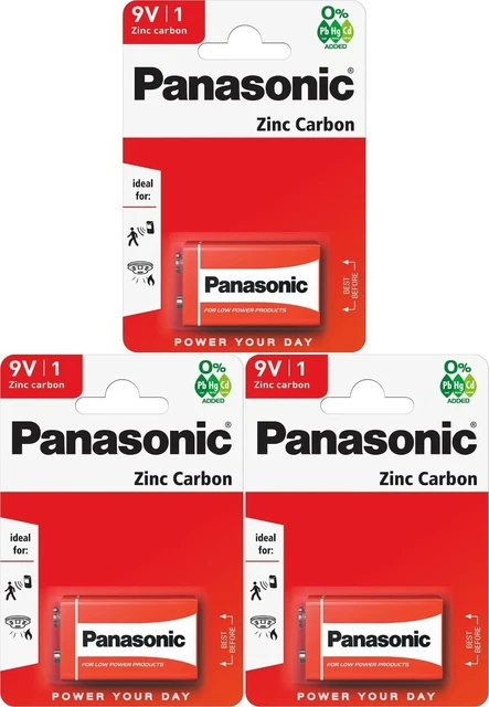3 X 9V Panasonic Zinc Carbon Batteries 9v 6LR61 MN1604 PP3 SMOKE ALARM ...