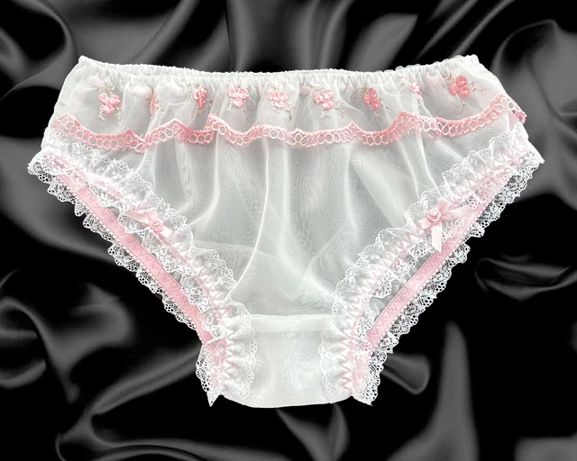 WHITE SISSY SHEER Nylon Frilly Lace Soft Satin Bow Panties Knickers ...