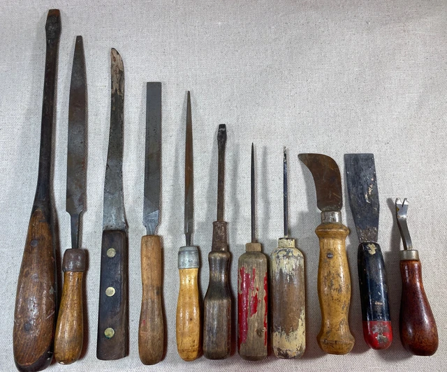 VINTAGE LOT (12) Wood Handle Hand Tools! Files, Awls, Cutting Tool ...