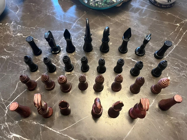 STONE CHESS PIECES black Set Complete Red Set Has One Missing 4 Inches ...