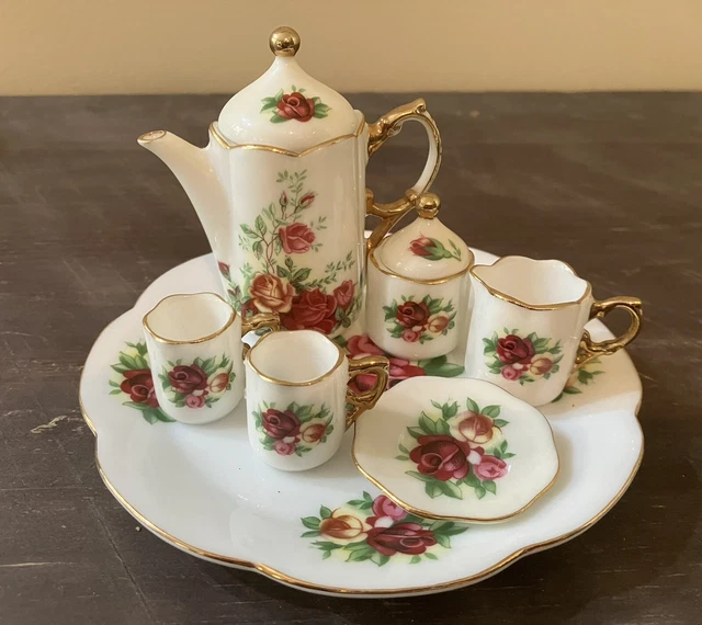 9 PIECE CHILD’S / Collectible Floral Roses Miniature Porcelain Tea Set ...