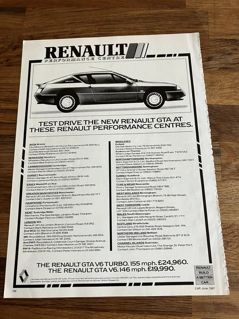 ORIGINAL RENAULT ALPINE GTA V6 Magazine Advert Poster Man Cave Retro ...