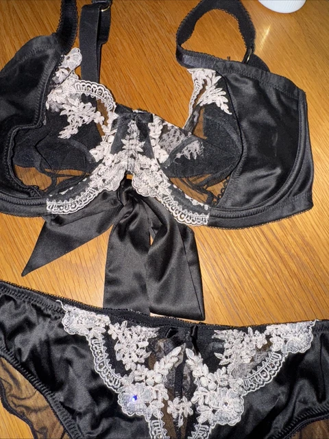 JANET REGER BLACK & Lace Sequin Detail, Bra And Bikini Brief Set. 34DD ...