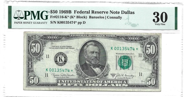 SERIES 1969B $50 DALLAS STAR NOTE FRN #2116K* PMG 30 Very Fine (LOT I ...