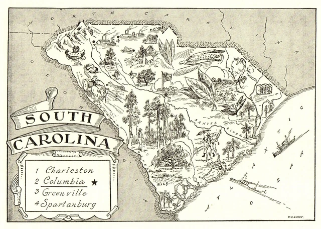 1950S SOUTH CAROLINA State Picture Map Animated Map of South Carolina ...