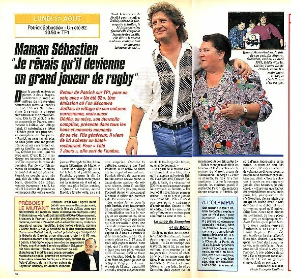 COUPURE DE PRESSE Clipping 1992 Patrick Sébastien & Dédée (1 page 1/2 ...
