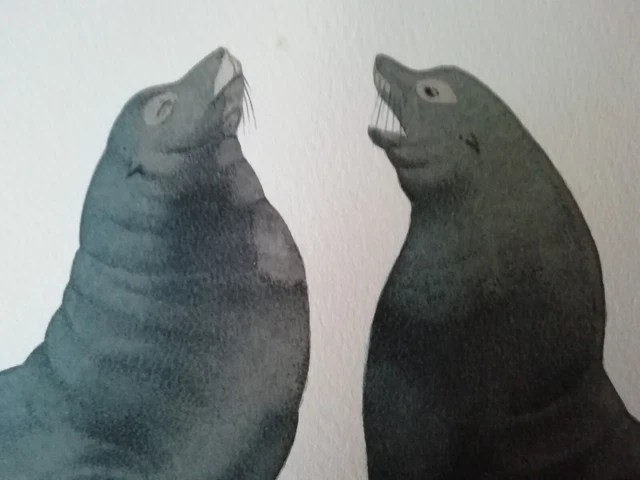 ORIGINAL WATERCOLOUR CHILDREN'S BOOK ILLUSTRATION - MALE SEA LIONS - 11 ...