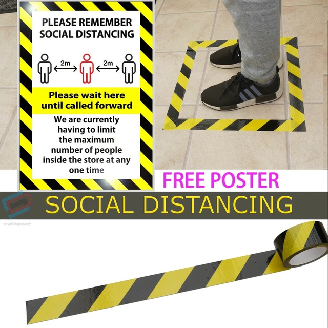 SOCIAL DISTANCING WARNING Tape 33m Black & Yellow Marking Tape FREE ...