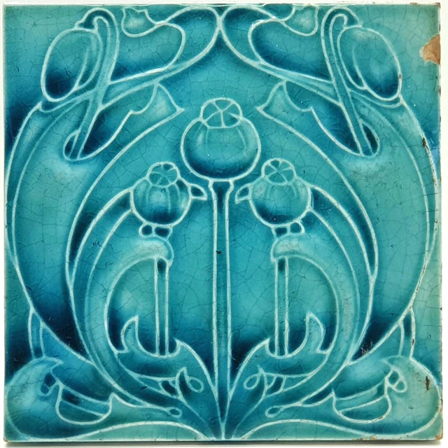 ANTIQUE FIREPLACE TILE Art Nouveau Majolica Floral Design Lea & Bolton ...