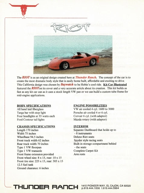 THUNDER RANCH RIOT kit car (made in USA) _1998 Prospekt / Brochure EUR ...