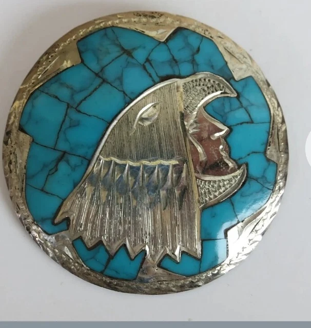 VINTAGE MEXICO MAYAN Aztec Bird Man Silver Turquoise Brooch Pin Pendant ...