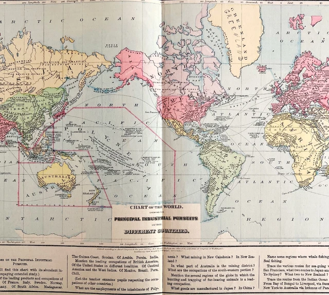 MAP OF THE World 1884 Principal Industrial Pursuits Victorian ...