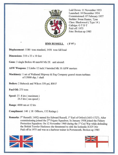 ROYAL NAVY FRIGATE Hms Russell F97 8 X10 Photograph With Bonus Stats ...