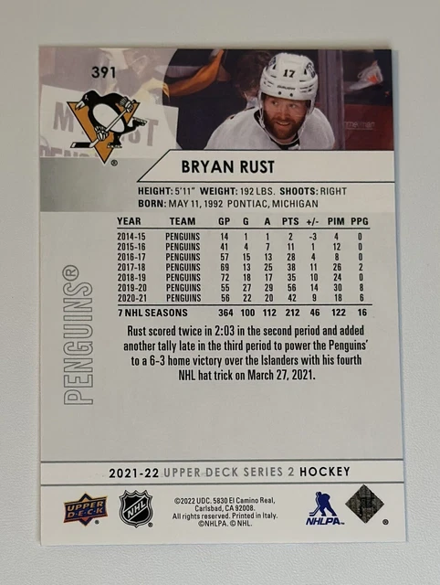 CARTE BRYAN RUST 2022-23 #391 Upper Deck Series 2 Pingouins Pittsburgh ...