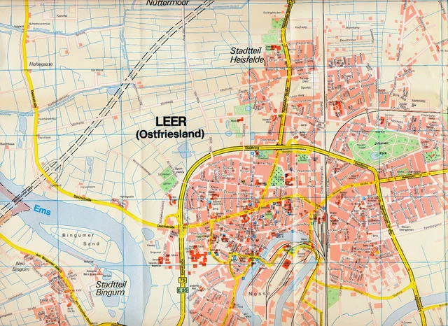 1983 OSTFRIESLAND LEER Orig. City map Emstunnel + highways planned ...