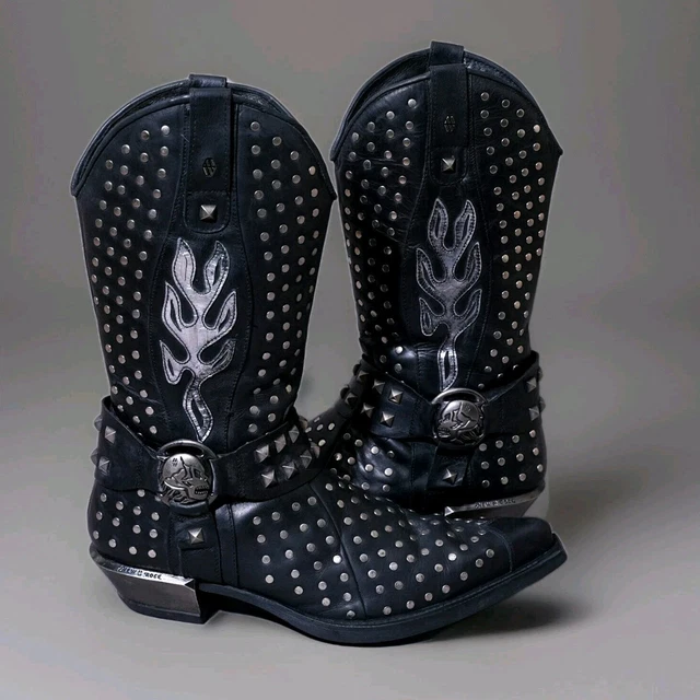 NEW ROCK LEATHER Boots Mens UK11 Black Cowboy Studded Western M7928 ...
