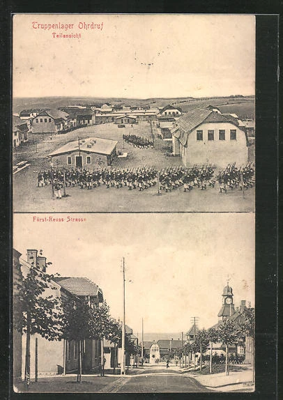 AK OHRDRUF, TRUPPENLAGER, Teilansicht mit Soldaten, Fürst-Reuss-Strasse ...