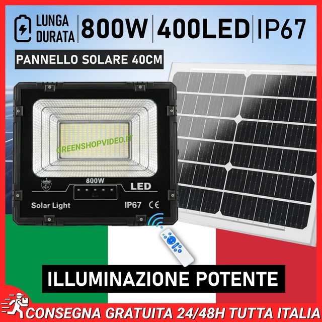 FARO 800W 400 LED con Pannello Solare Telecomando Batteria Faretto ...