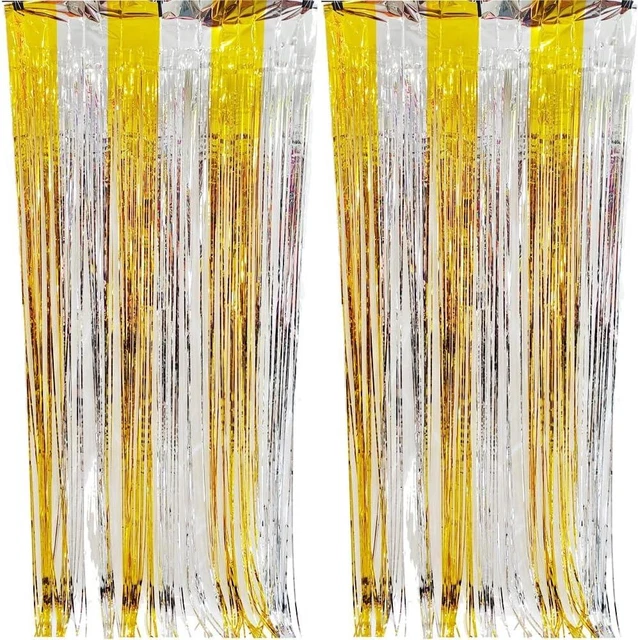 2 PACK FRINGE Curtain Backdrop Two-Toned, 3.2Ft x 6.6Ft Metallic Tinsel ...
