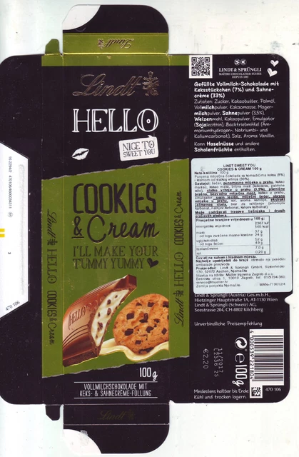 LINDT HELLO COOKIES Cream 100g Chocolate Package Cardboard Packaging ...