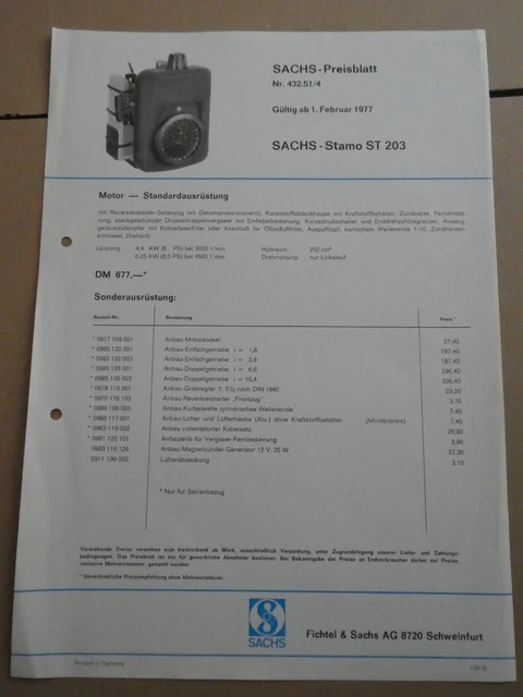 SACHS PROSPEKT PREISBLATT MOTOR STAMO ST 203 Preisliste 1977 mit Abbildung EUR 4,00 - PicClick DE