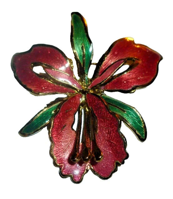 Vintage Cloisonne Red Enamel Gold Tone Orchid Flower Brooch Pin £11 89