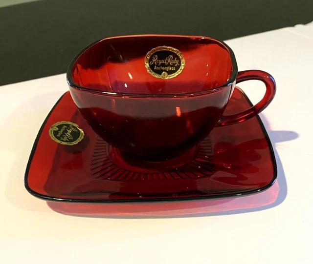 VINTAGE ROYAL RUBY Anchor Glass Cup and Saucer Square Depression Era ...