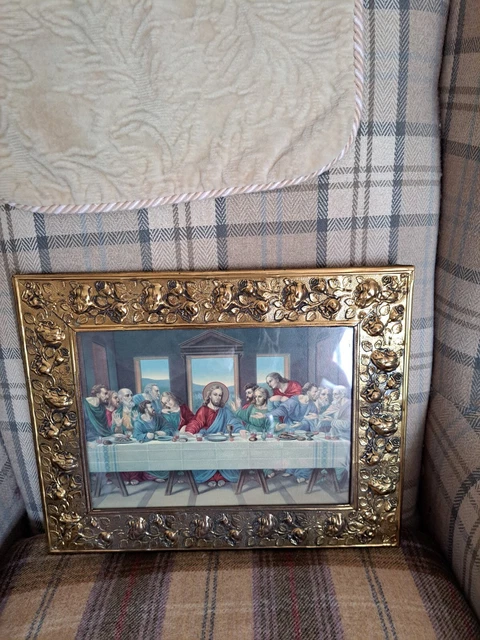 Vintage Jesus And The Last Supper Lithograph In Brass Ornate Frame Wood