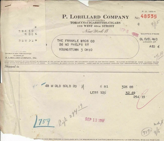 P.LORILLARD COMPANY N.Y. 1945 Tobacco Cigarettes Cigars Invoice/Receipt ...