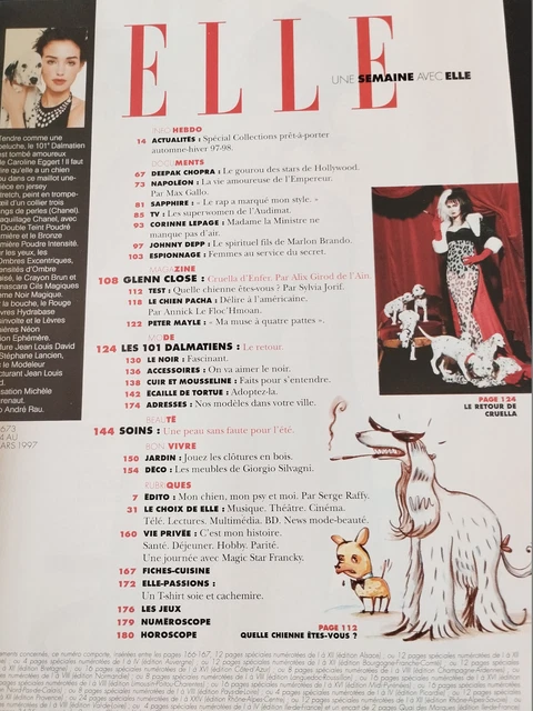 ELLE MAGAZINE 24/03/1997; Mode 101 dalmatiens/ Glenn Close/ Peter Mayle ...