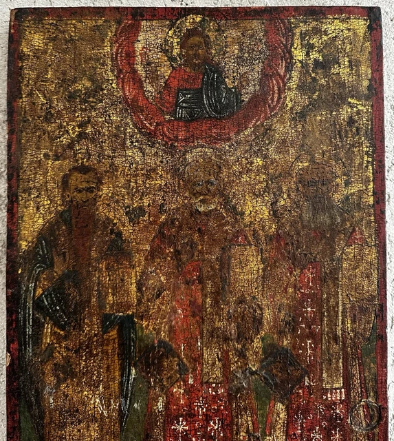 ANCIENNE ICÔNE RUSSE Orthodoxe Jésus Christ Saints Fond Doré Peinture ...