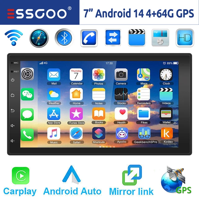DOPPEL 2 DIN Android 14 4+64G Carplay Autoradio GPS NAVI WiFi RDS Bluetooth USB EUR 99,99 ...