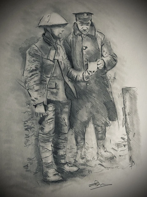 WW1 BRITISH SOLDIERS - Western Front - Military pencil sketch signed by ...