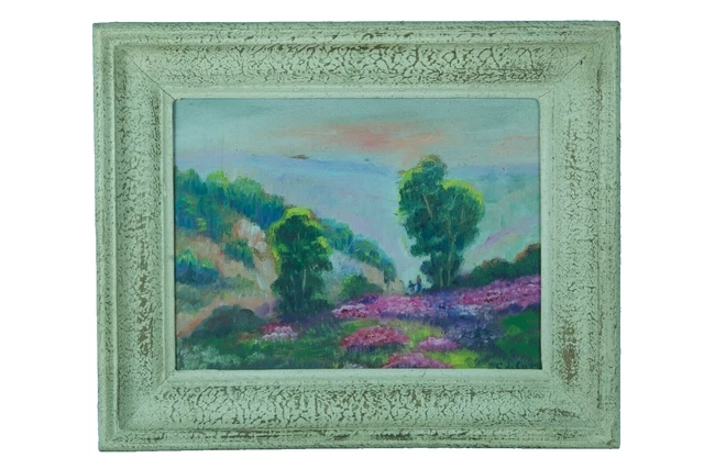 ANCIEN TABLEAU signé C De Crépy Paysage aux bruyères genêts promeneur ...