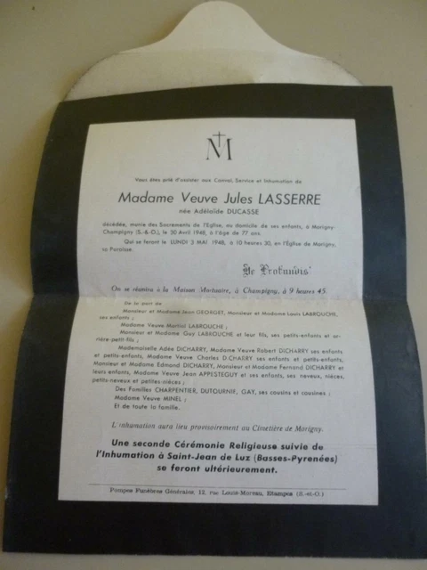 ANCIEN FAIRE PART Deces Avis Lasserre Ducasse Dicharry Labrouche ... ANCIEN FAIRE PART Deces Avis Lasserre Ducasse Dicharry Labrouche ...