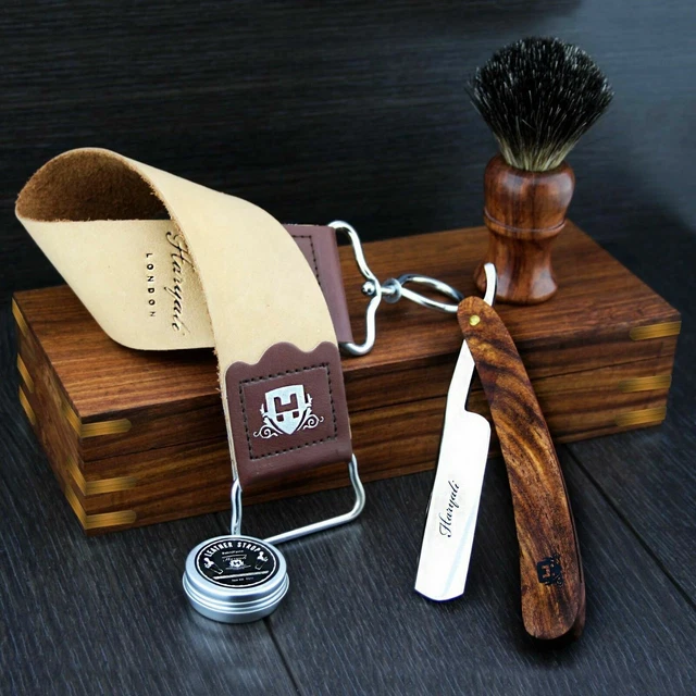 VINTAGE CLASSIC WOODEN Straight Cut Throat Shaving Razor Gift Set 5Pc ...