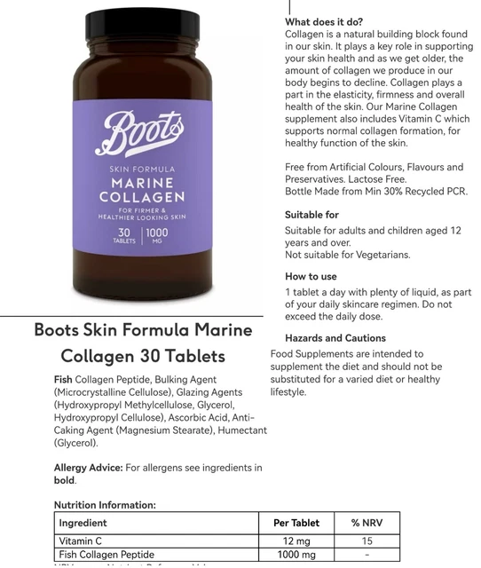 BOOTS SKIN FORMULA Marine Collagen 1000mg 30 Tablets One Months Supply ...