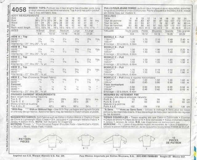 MCCALL'S 4058 VINTAGE 80's Fashion Tops Sewing Pattern Size 14-16 Uncut ...