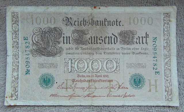 GELDSCHEINE, BANKNOTEN, REICHSBANKNOTE über Ein Tausend Mark 1910 Jahr ...