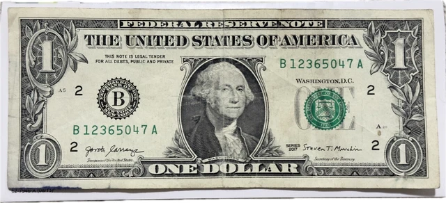 RARE $1 DOLLAR Bill Broken Ladder Fancy Serial Number 12365047 0-7 ...
