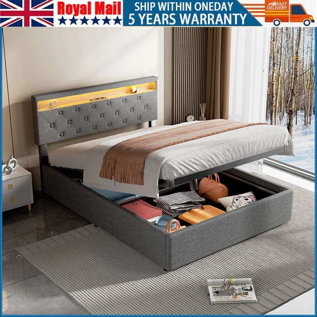LUXURY UPHOLSTERED BED Frame with Storage OTTOMAN STORAGE BED PANEL ...