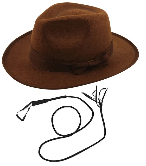INDIANA JONES STYLE Brown Explorer Hat and Bull Whip Adults Fancy Dress ...