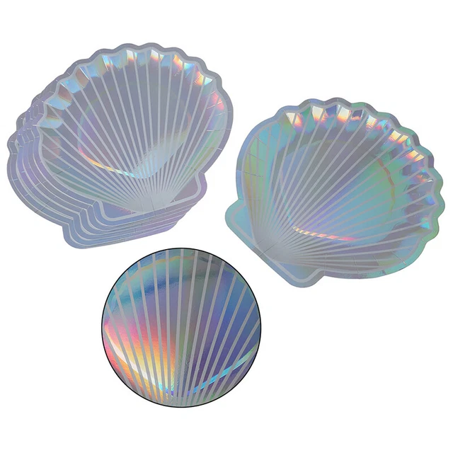 8PCS IRIDESCENT SPARKLE Shell Paper Plates Mermaid Dish Theme Wedding ...