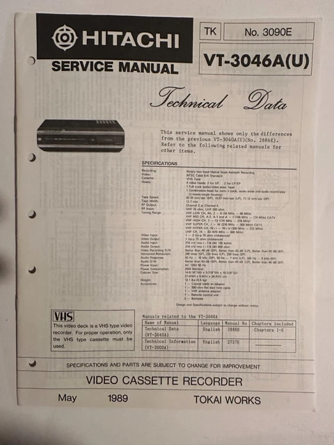 HITACHI VT-2700A NO.2727E Video Cassette Recorder Service Manual £19.69 - PicClick UK