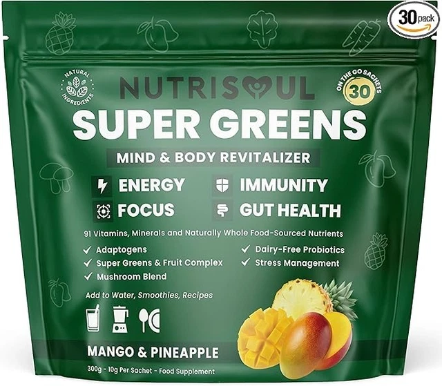 SUPER GREENS POWDER Mango Pineapple 30 Sachets Energy Immunity Boost £ ...