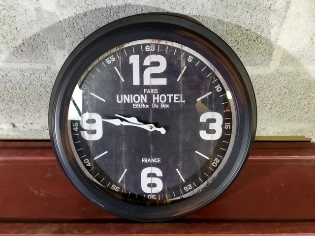 GRANDE HORLOGE MURALE UNION HOTEL DIAMETRE 47 cm METAL NEUVE + PILE EUR ...